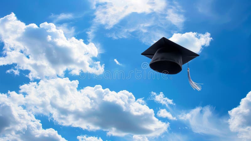 Graduation Cap in the Sky with Clouds and Blue Background, Celebrating ...