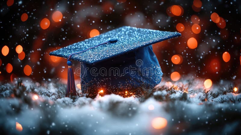 Graduation Cap on Snowy Ground with Festive Lights in Background Stock ...