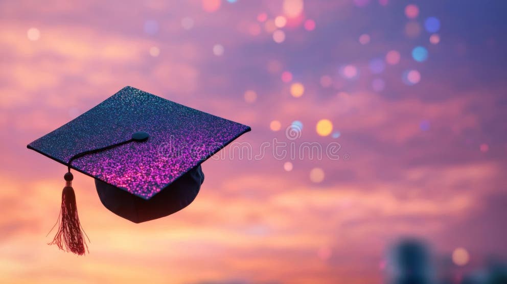 Graduation Cap Soaring Against a Vibrant Sunset Sky Stock Illustration ...