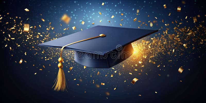 Graduation Cap Soaring through Gold Confetti on a Deep Blue Background ...