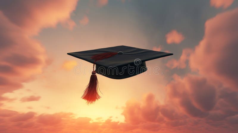 Graduation Cap Soaring in Sky at Sunset Symbolizing Flight of Dreams ...