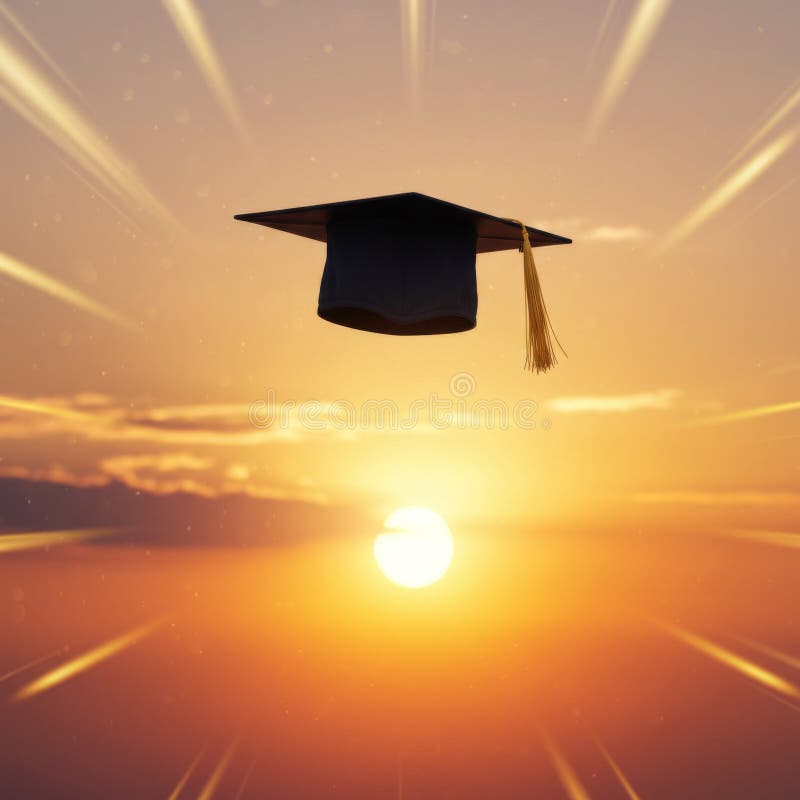 Graduation Cap Soaring at Sunset Stock Illustration - Illustration of ...