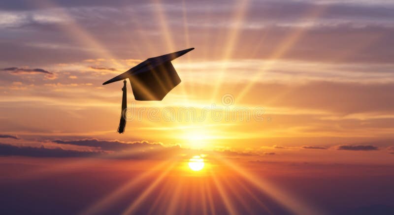 Graduation Cap Soaring at Sunset Stock Illustration - Illustration of ...
