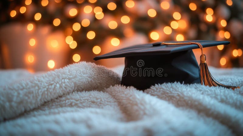 Graduation Cap on Soft Blanket with Festive Lights in the Background ...