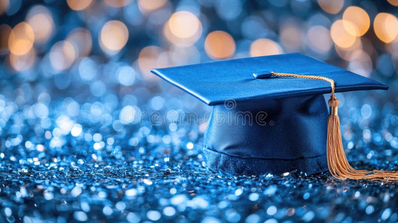 Graduation Cap on Sparkling Blue Background Celebrating Academic ...