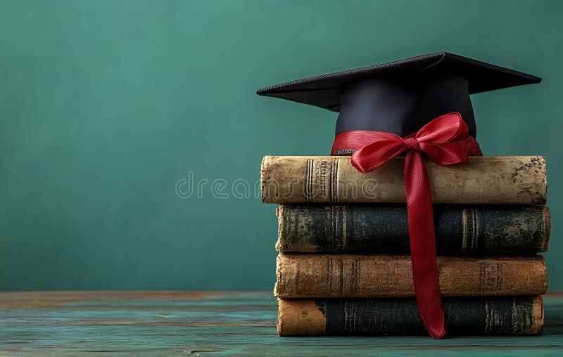 Graduation Cap on Stack of Antique Books with Red Ribbon Background ...