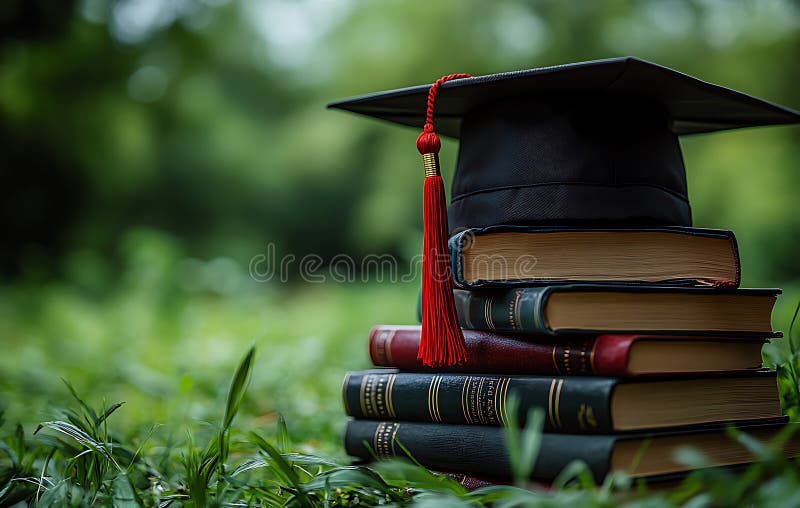 Graduation Cap on Stack of Books Achievement in Education Concept ...