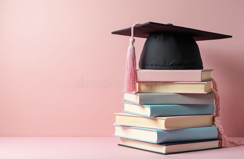Graduation Cap on Stack of Books Against Pink Background. Education ...