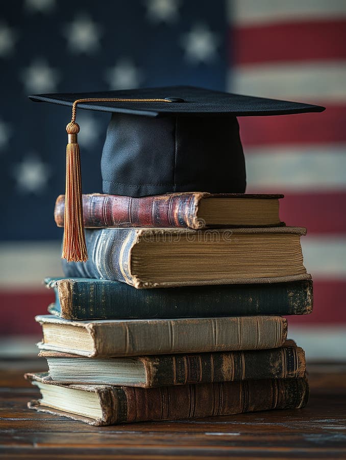 Graduation Cap on Stack of Books with American Flag Backdrop. Stock ...