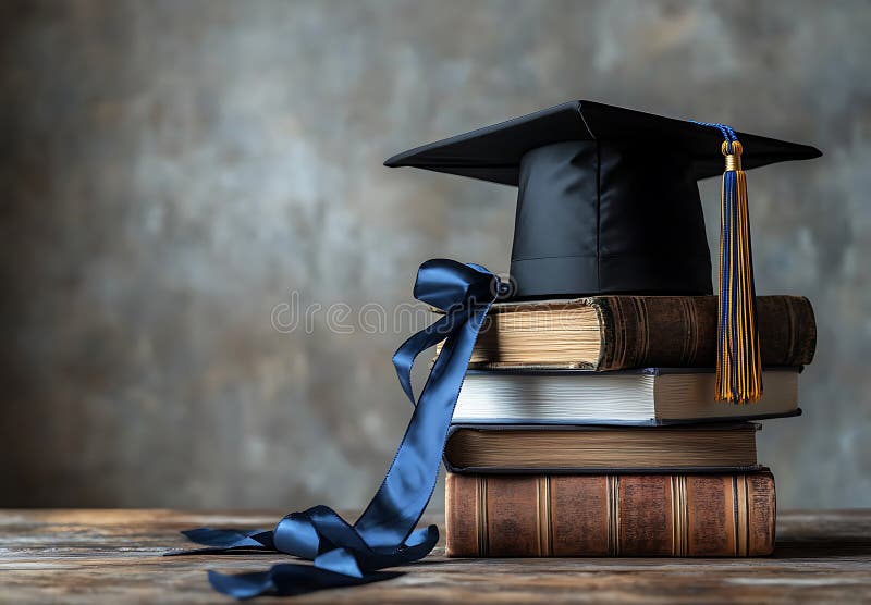 Graduation Cap on Stack of Books with Blue Ribbon on Wooden Table Stock ...
