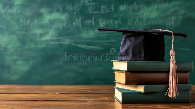 Graduation Cap on Stack of Books in Classroom, Education Concept Stock ...