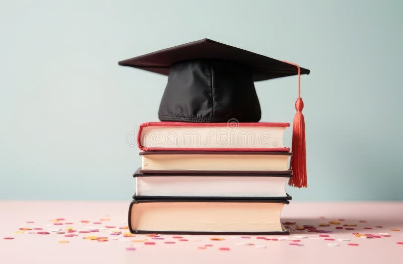Graduation Cap on Stack of Books with Confetti Celebrating Education ...