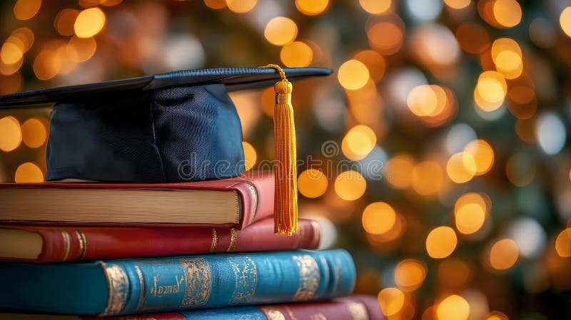 Graduation Cap on Stack of Books with Festive Lights Stock Illustration ...