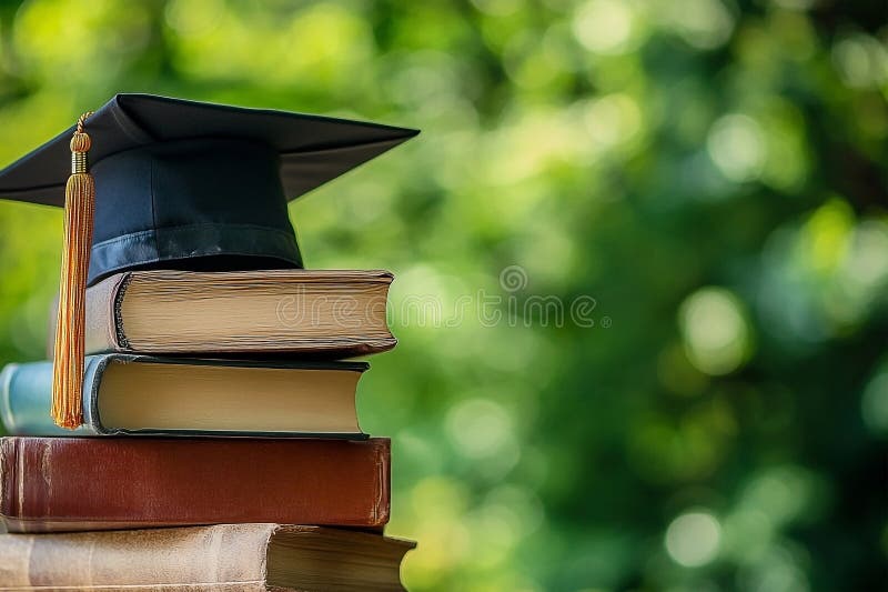 Graduation Cap and a Stack of Books in Front of a Blurred Green ...
