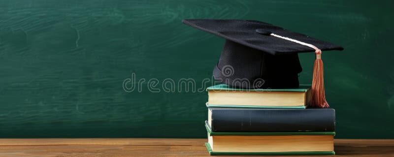 Graduation Cap on Stack of Books in Front of Chalkboard Stock Photo ...