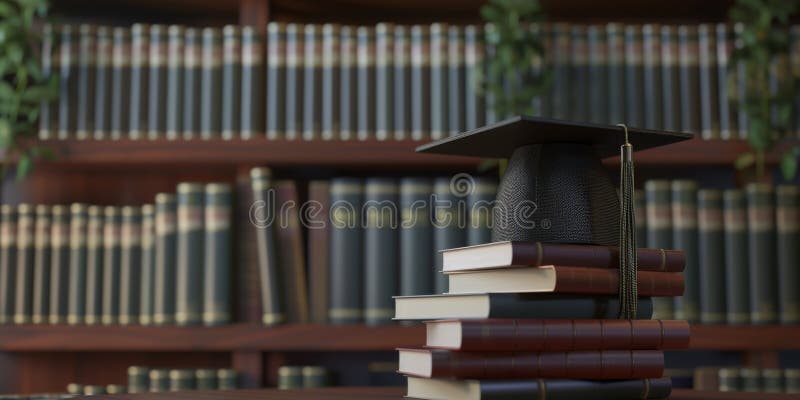 Graduation Cap on Stack of Books in Front of Library Stock Image ...