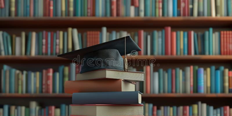 Graduation Cap on Stack of Books in Front of Library Stock Image ...