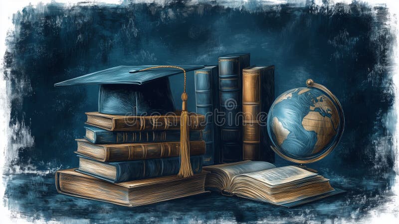 Graduation Cap on Stack of Books with Globe and Open Book Celebrating ...