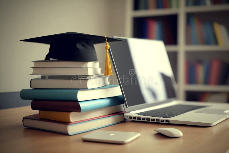 Graduation Cap on Stack of Books, Laptop and Smartphone on Desk ...
