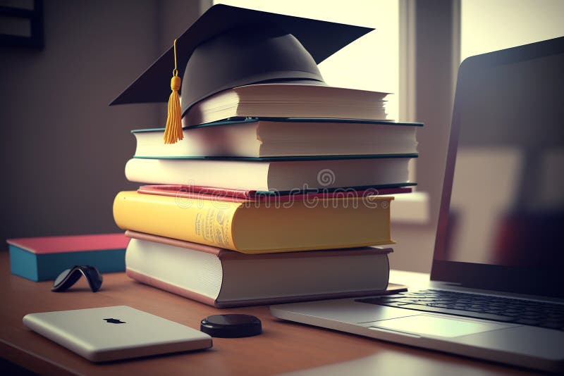 Graduation Cap on Stack of Books, Laptop and Smartphone on Desk ...