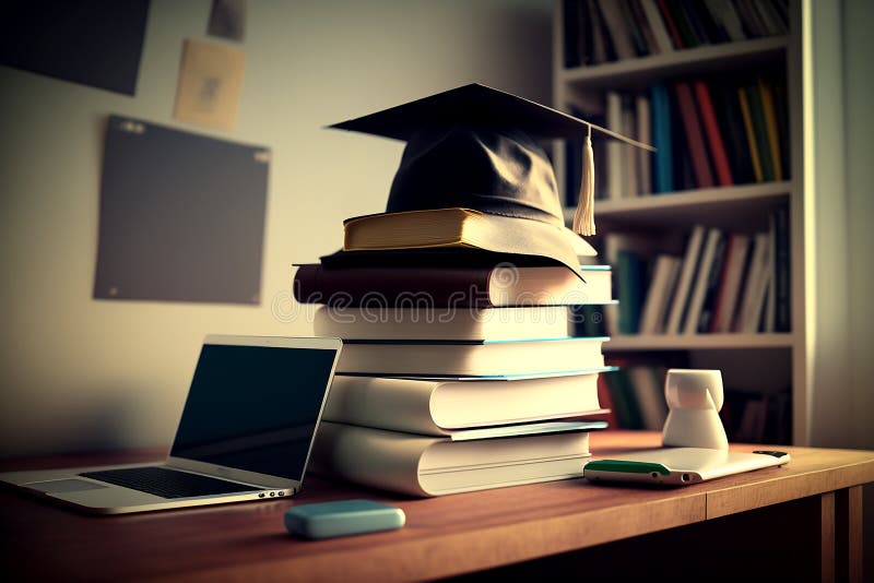 Graduation Cap on Stack of Books, Laptop and Smartphone on Desk ...
