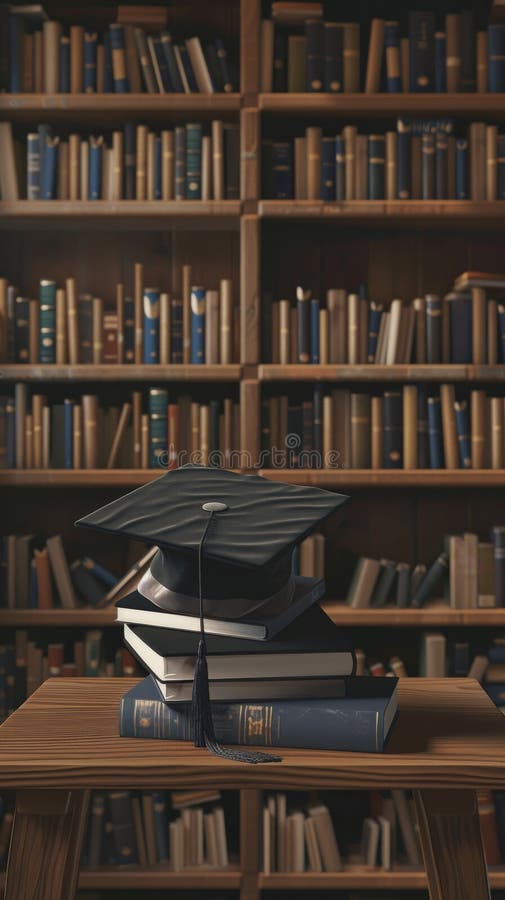 Graduation Cap on a Stack of Books in a Library Stock Photo - Image of ...