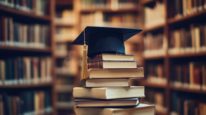 Graduation Cap on Stack of Books in Library Stock Illustration ...