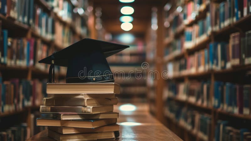Graduation Cap on Stack of Books in a Library, Academic Success and ...