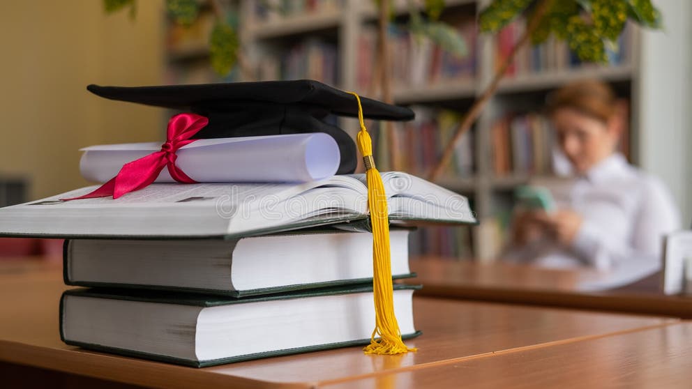 Graduation Cap on a Stack of Books in the Library. Stock Image - Image ...