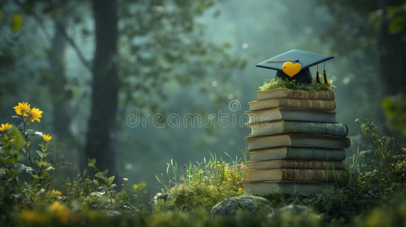 Graduation Cap on Stack of Books in Misty Forest Stock Illustration ...
