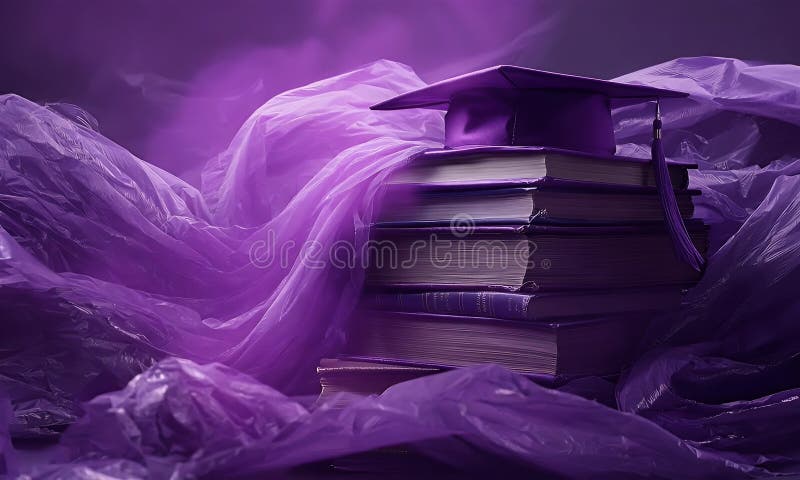 Graduation Cap on a Stack of Books with a Mysterious Purple Glow ...