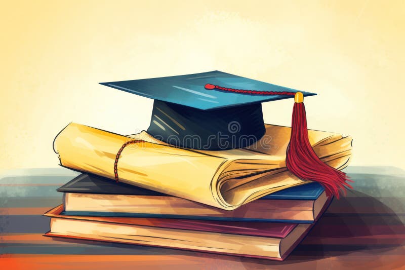 Graduation Cap on Stack of Books Stock Illustration - Illustration of ...