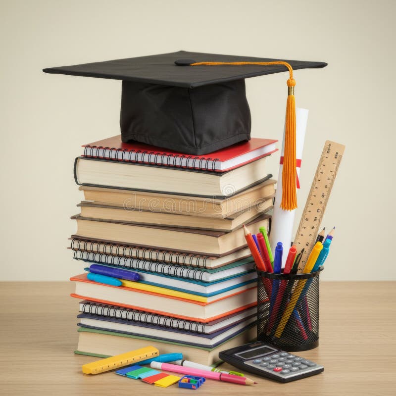 Graduation Cap on Stack of Books and School Supplies Stock Illustration ...