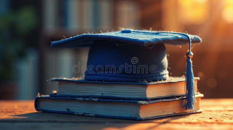 Graduation Cap on Stack of Books at Sunrise Stock Illustration ...