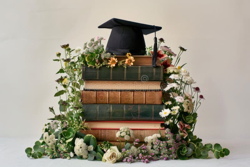Graduation Cap on Stack of Books Surrounded by Flowers. the Concept of ...