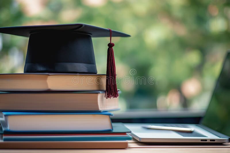 Graduation Cap on Stack of Books on Table in Library. Education Concept ...