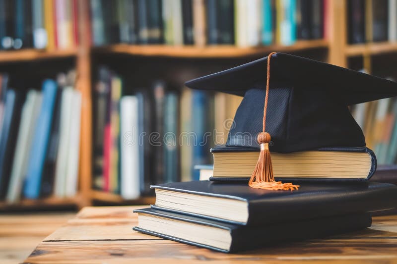 Graduation Cap on Stack of Books on Table in Library. Education Concept ...