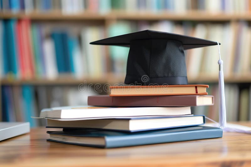 Graduation Cap on Stack of Books on Table in Library. Education Concept ...