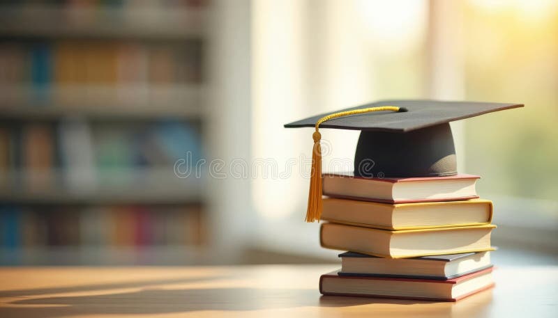 Graduation Cap and Stack of Books on Table in Library. Education ...