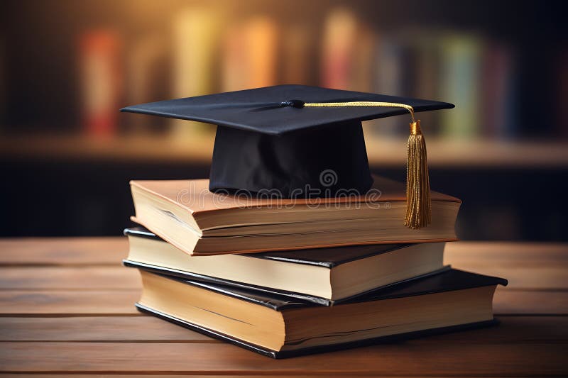 Graduation Cap on Stack of Books on Wooden Table. Education Concept ...