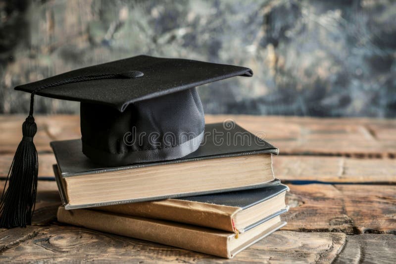 Graduation Cap and Stack of Books on Wooden Table. Generated by AI ...