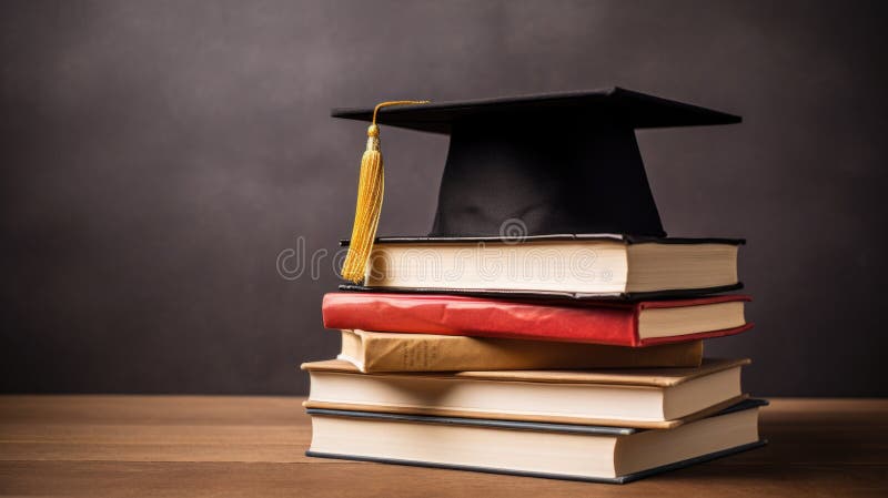 Graduation Cap on a Stack of Books on a Wooden Table Stock Illustration ...