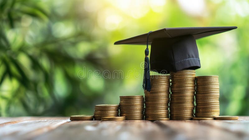Graduation Cap on Stack of Coins, Symbolizing Education Expenses Stock ...