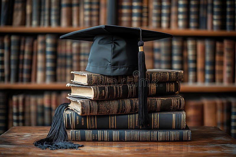 Graduation Cap on Stack of Old Books with a Bookshelf Background Stock ...
