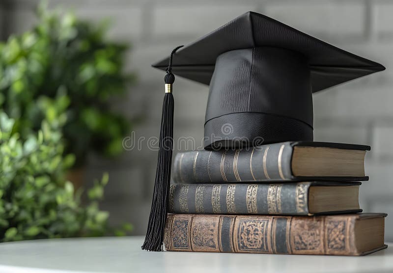 Graduation Cap on Stack of Old Books with Foliage Backdrop Success ...