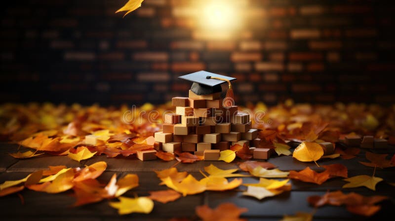 Graduation Cap and Stack of Wooden Blocks on a Background of Autumn ...