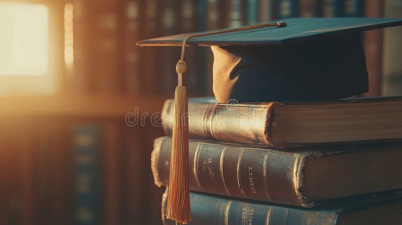 Graduation Cap on Stacked Books with Blurred Academic Success ...