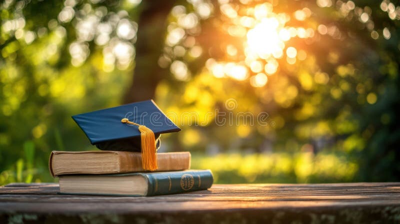 Graduation Cap on Stacked Books with Blurred Academic Success ...
