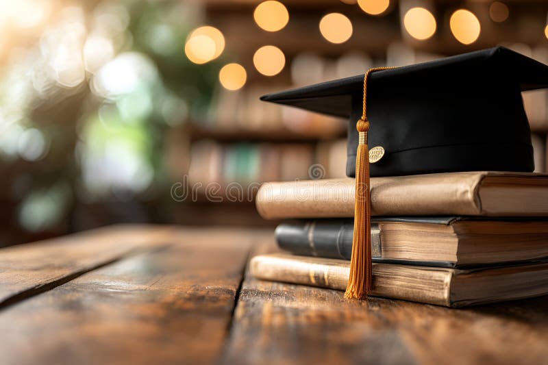 Graduation Cap on Stacked Books with Blurred Library Background Stock ...