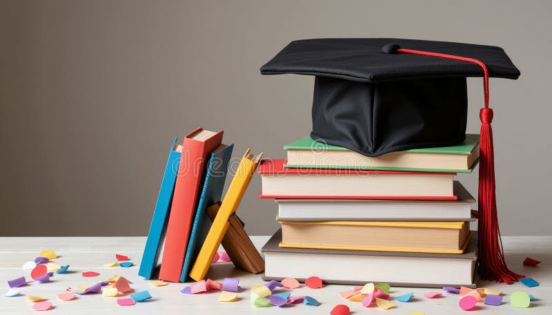 Graduation Cap on Stacked Books with Confetti Stock Image - Image of ...